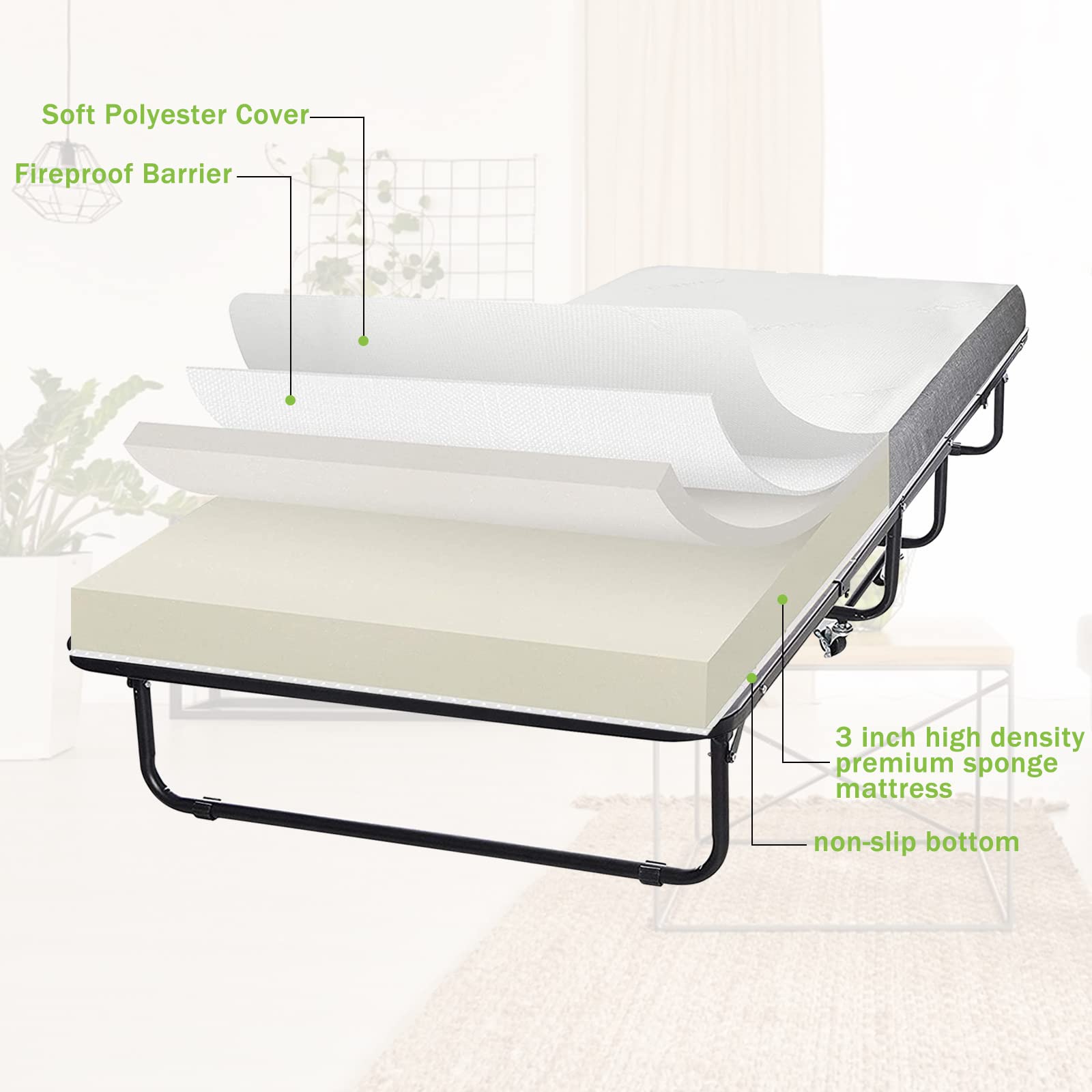 Folding Bed with Wheels, Folded Bed with Metal Slats, Portable Cot with 3.9 Inch Memory Foam Mattress, Roll Away Beds with Mattresses for Adults, 75L*30W*12H, Fold Up Bed for Easy Storage, White