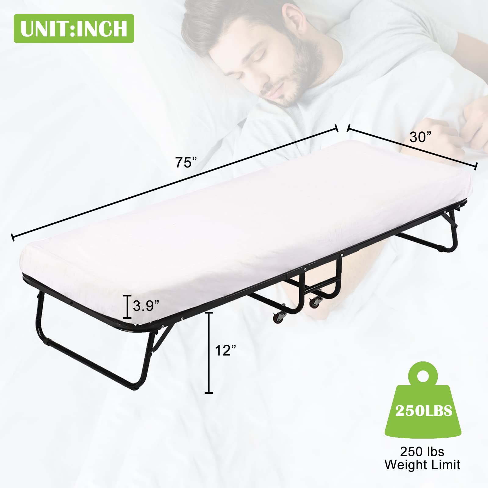 Folding Bed with Wheels, Folded Bed with Metal Slats, Portable Cot with 3.9 Inch Memory Foam Mattress, Roll Away Beds with Mattresses for Adults, 75L*30W*12H, Fold Up Bed for Easy Storage, White