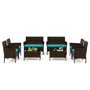 tangkula 8 piece patio rattan conversation set, outdoor wicker furniture set with chair, loveseat & tempered glass table, cozy seat cushions, outside sectional sofa set for backyard (2,turquoise)