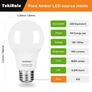 YukiHalu LED Amber Light Bulbs, A19 1800K E26 800Lm, 60W Equivalent Soft Warm Sleep Light Bulbs for Healthy Sleep, Baby Nursery Light, Bedroom Night Light, Not-Dim, 2-Pack