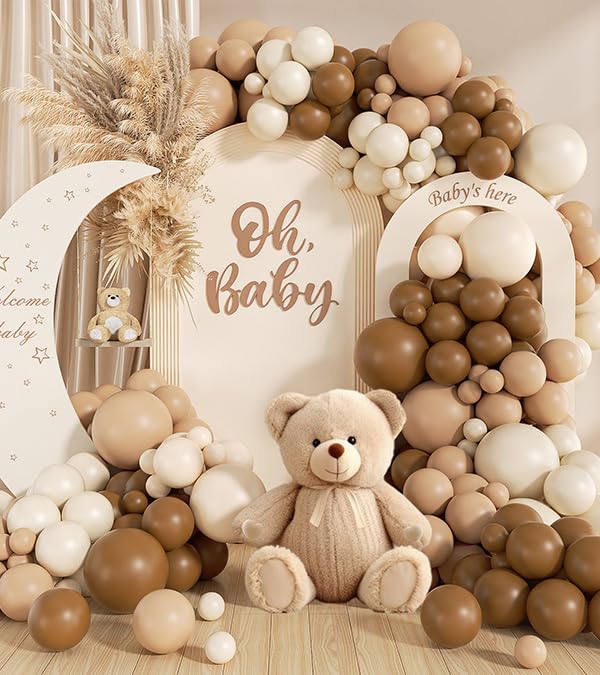 140Pcs Netural Balloon Garland Arch Kit, 5 10 12 18inch Brown Beige Nude Tan Balloons for Birthday Party Netural Bear Baby Shower Decorations