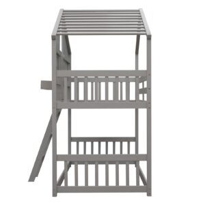 Rovibek House Bunk Beds for Kids Twin Over Twin with Stairs Wood Farmhouse with Door Windows Ladder, No Box Spring Needed, Easy Assembly, Grey