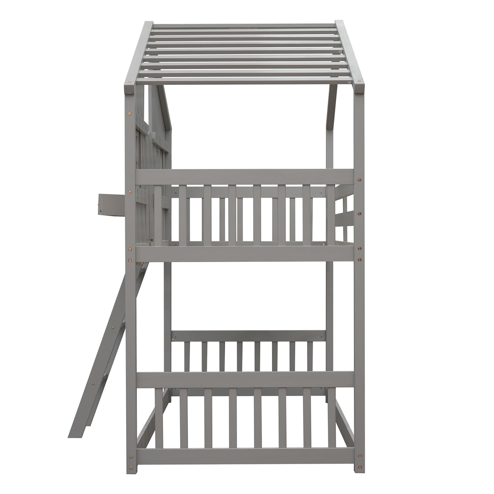 Rovibek House Bunk Beds for Kids Twin Over Twin with Stairs Wood Farmhouse with Door Windows Ladder, No Box Spring Needed, Easy Assembly, Grey