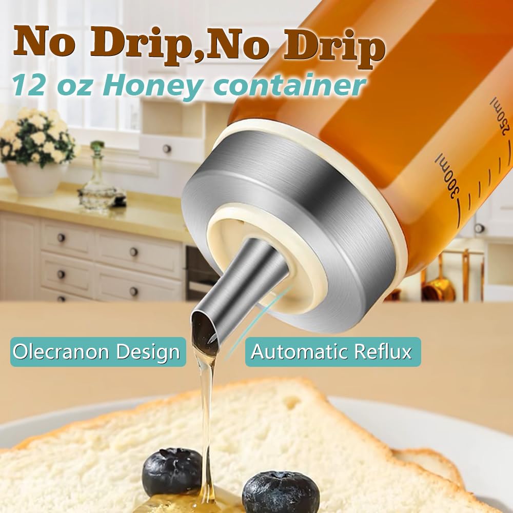 Matifaner Honey Dispenser No Drip, Maple Syrup Dispenser, Olecranon design, automatic reflux，Honey Jar with Stand, Beautiful Honey Pot, Perfect Honey Container(10 oz×pack 2)