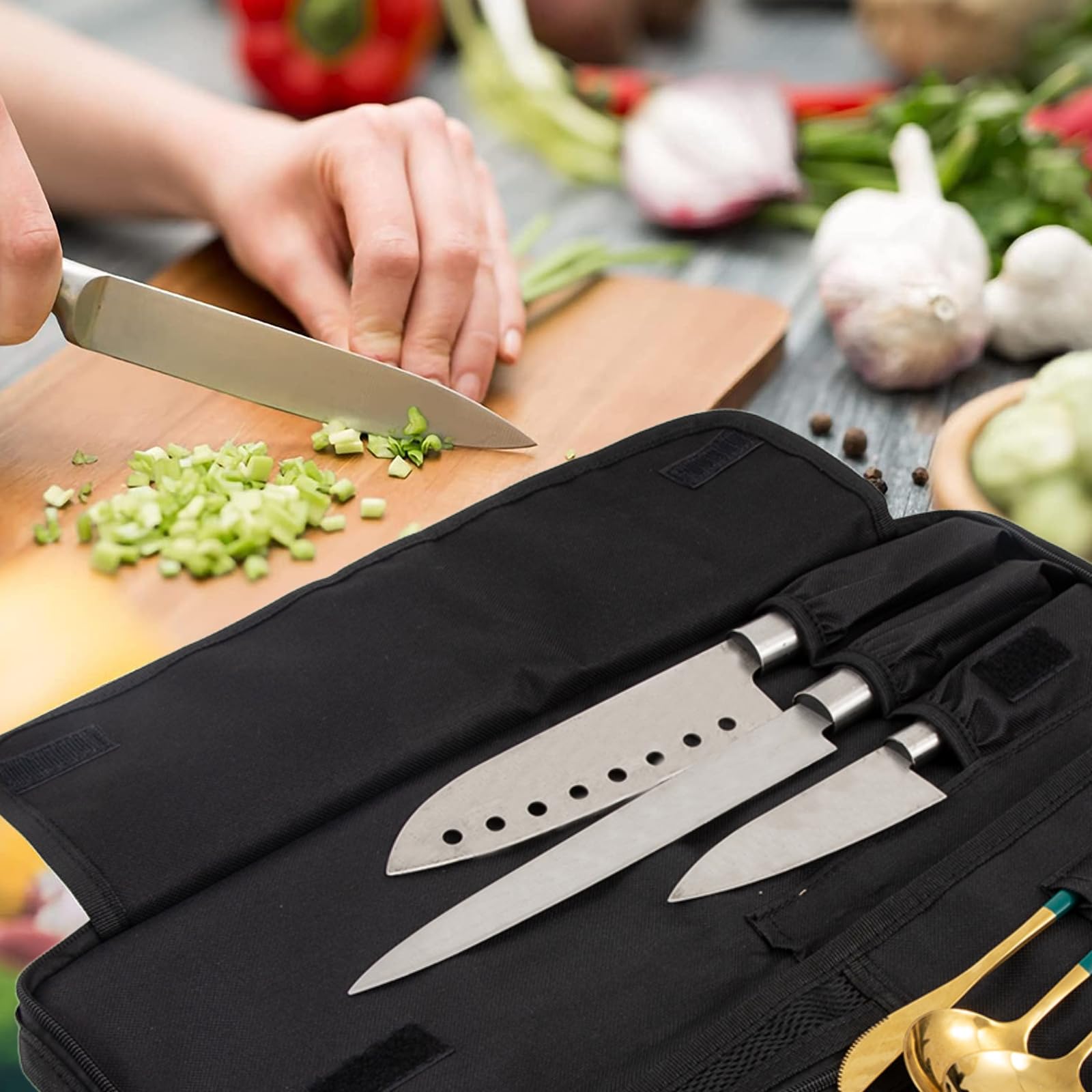 Qchengsan Chef’s Knife Roll Bag, Heavy Duty Waxed Canvas Chef Knife Bag, Portable 13 Slots Chef Knife Case, Multi-function Cutlery Knives Pouch Holder Knife Wrap Wallet Tool Roll