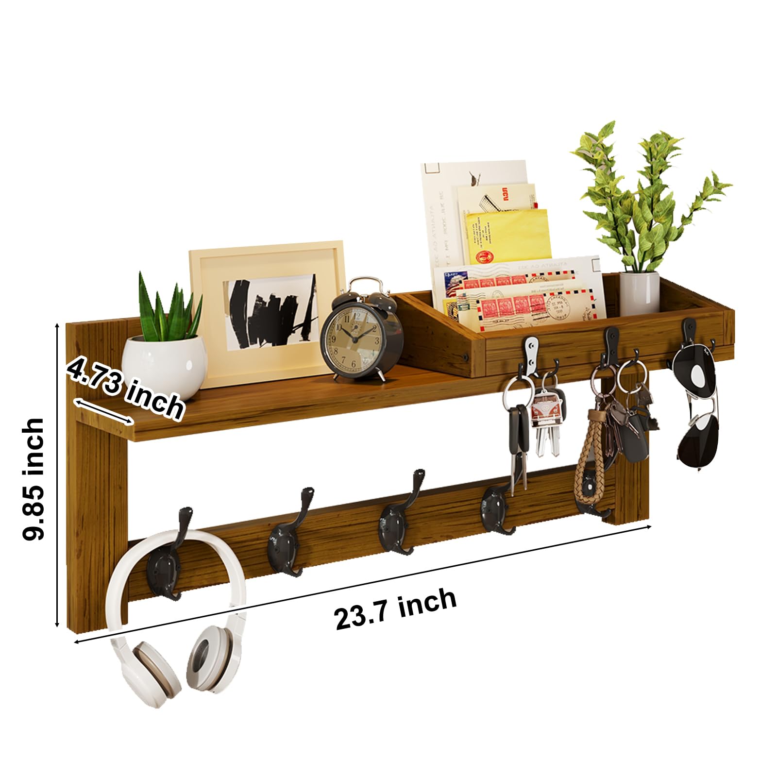 Coat Rack Wall Mount with Shelf, Wall Mounted Coat Rack with Shelf, 24 in Coat Hanger Wall Mount, Wooden Hanging Entryway Shelf with Hooks for Backpack, Bag, Purse, Large Key and Mail Holder for Wall