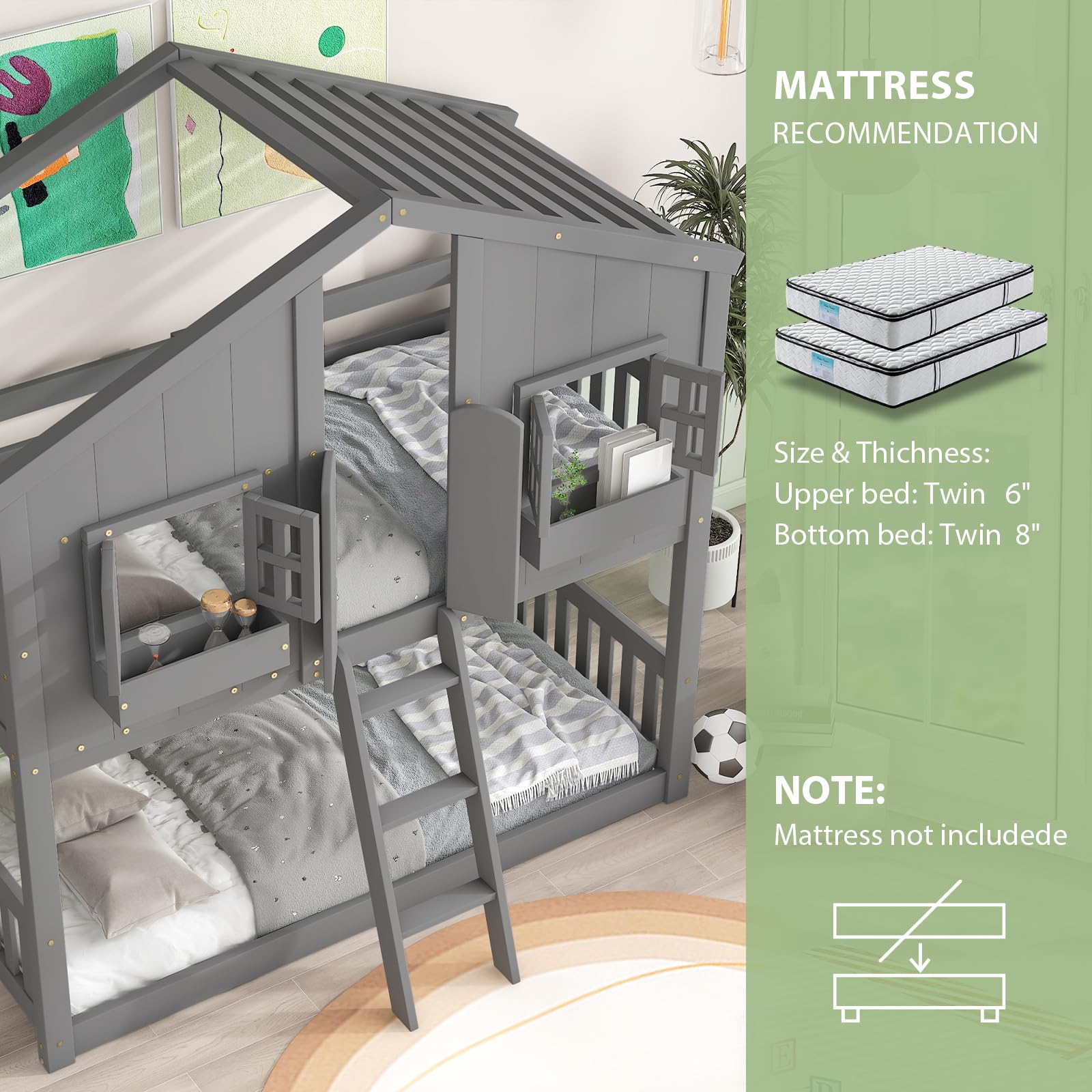 Rovibek House Bunk Beds for Kids Twin Over Twin with Stairs Wood Farmhouse with Door Windows Ladder, No Box Spring Needed, Easy Assembly, Grey