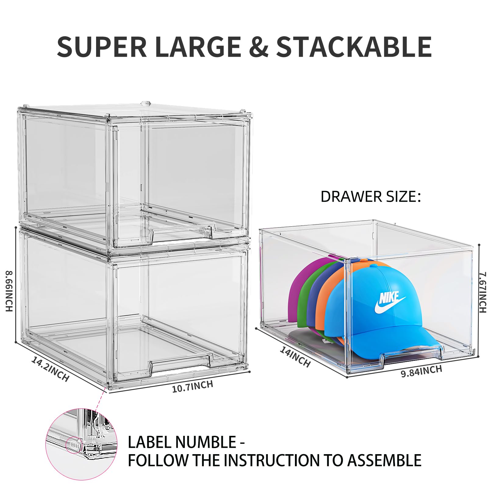 2 Pack Hat Organizer Box for Baseball Caps Organizer, Hat Organizer Box with Sliding Drawer, Hat Storage Organizer, Clear Drawer Stackable for Hats Snapback Cap Storage, Hat Display Case, Hat Holder