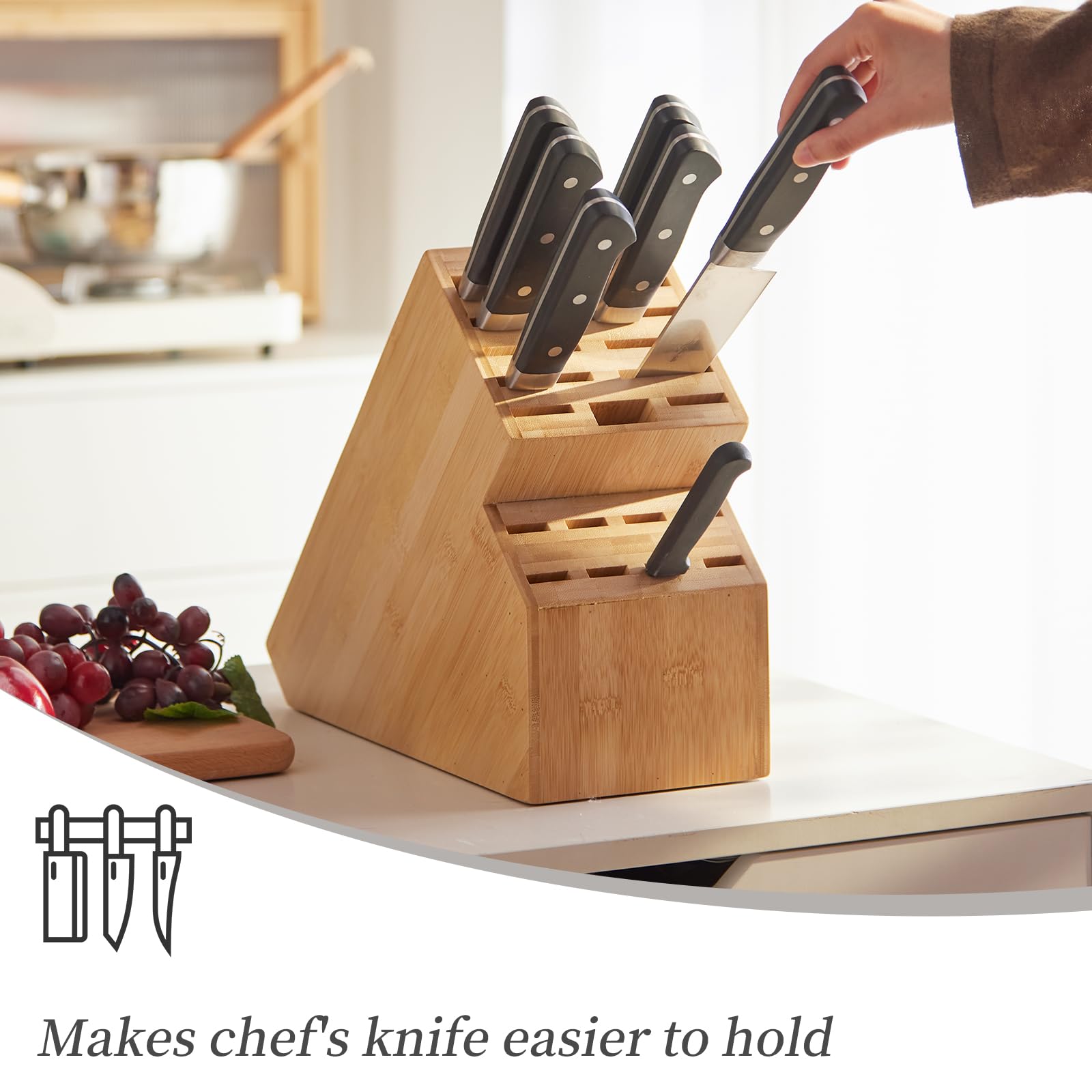 Knife Block Countertop Butcher's Knife Rack and Organizer 20 Slot Knife Holder Large Bamboo Knife Rack (Knife Not Included), Universal Knife Rack Strap (Natural)