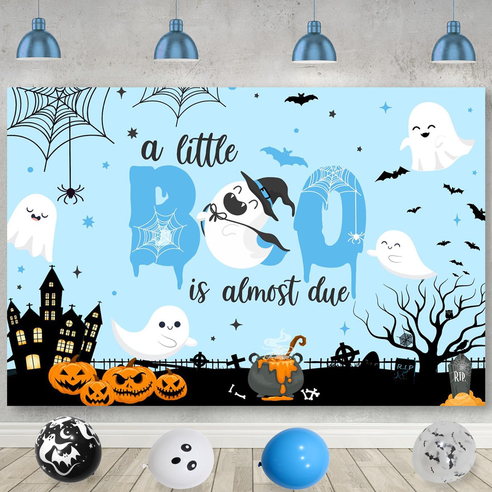 JOYMEMO Halloween Baby Shower Decorations Boy - A Little Boo is Almost Due Backdrop with Banner Blue and Black, Paper Lanterns Pom Poms, Bat Wall Stickers for Pregnancy Celebration Newborn Party