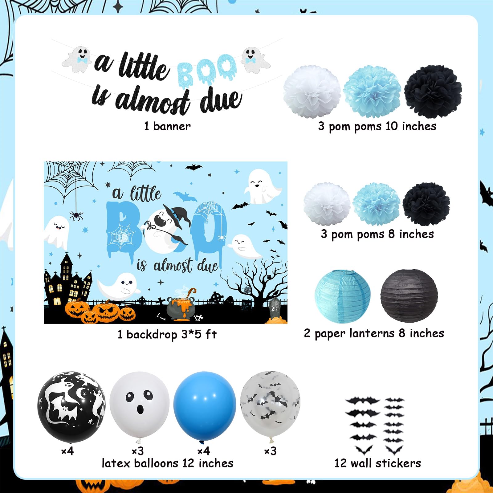 JOYMEMO Halloween Baby Shower Decorations Boy - A Little Boo is Almost Due Backdrop with Banner Blue and Black, Paper Lanterns Pom Poms, Bat Wall Stickers for Pregnancy Celebration Newborn Party