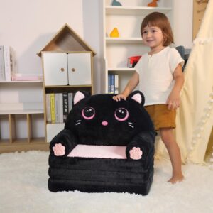 QIUODO Kids Couch Fold Out, Velvet 2-in-1 Flip Open Couch for Toddlers, Comfy Toddler Chair for Reading and Napping, for Boys and Girls (Black & Pink Kitty)