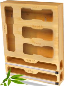 wall mount ziplock bag + foil & plastic wrap organizer - premium bamboo organizer for ziplock bags, foil & plastic wrap dispenser | kitchen organization & storage | 12" x 2.125" standard rolls only