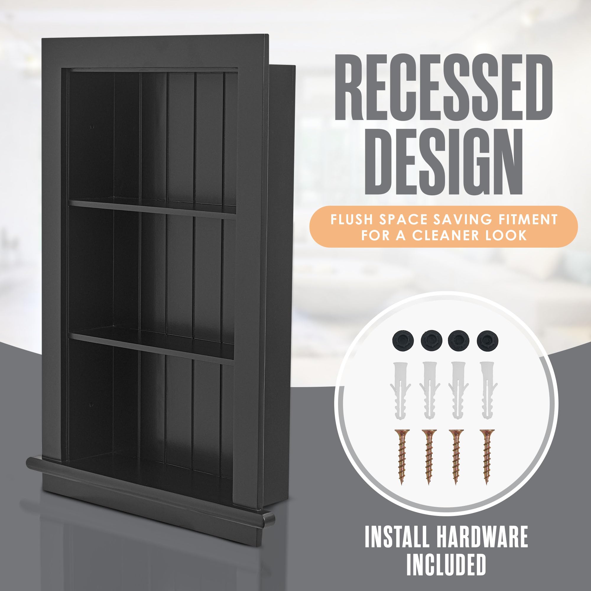 Recessed Medicine Cabinet, Wall Niche, In Shelves, Shelf Insert, 14"W x 24"H ID, 17"W x 27"H OD, 3 Tier, Black, Wood, Shallow Drywall Cabinets, Between Studs Shelving, Open Bathroom Cubby | Houseables