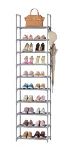 wokkow shoe rack organizer, 10 tier tall narrow shoe rack for closet entryway, shoe storage shelf holds 20-25 pairs with hooks, gray