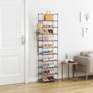 WOKKOW Shoe Rack Organizer, 10 Tier Tall Narrow Shoe Rack for Closet Entryway, Shoe Storage Shelf Holds 20-25 Pairs with Hooks, Gray