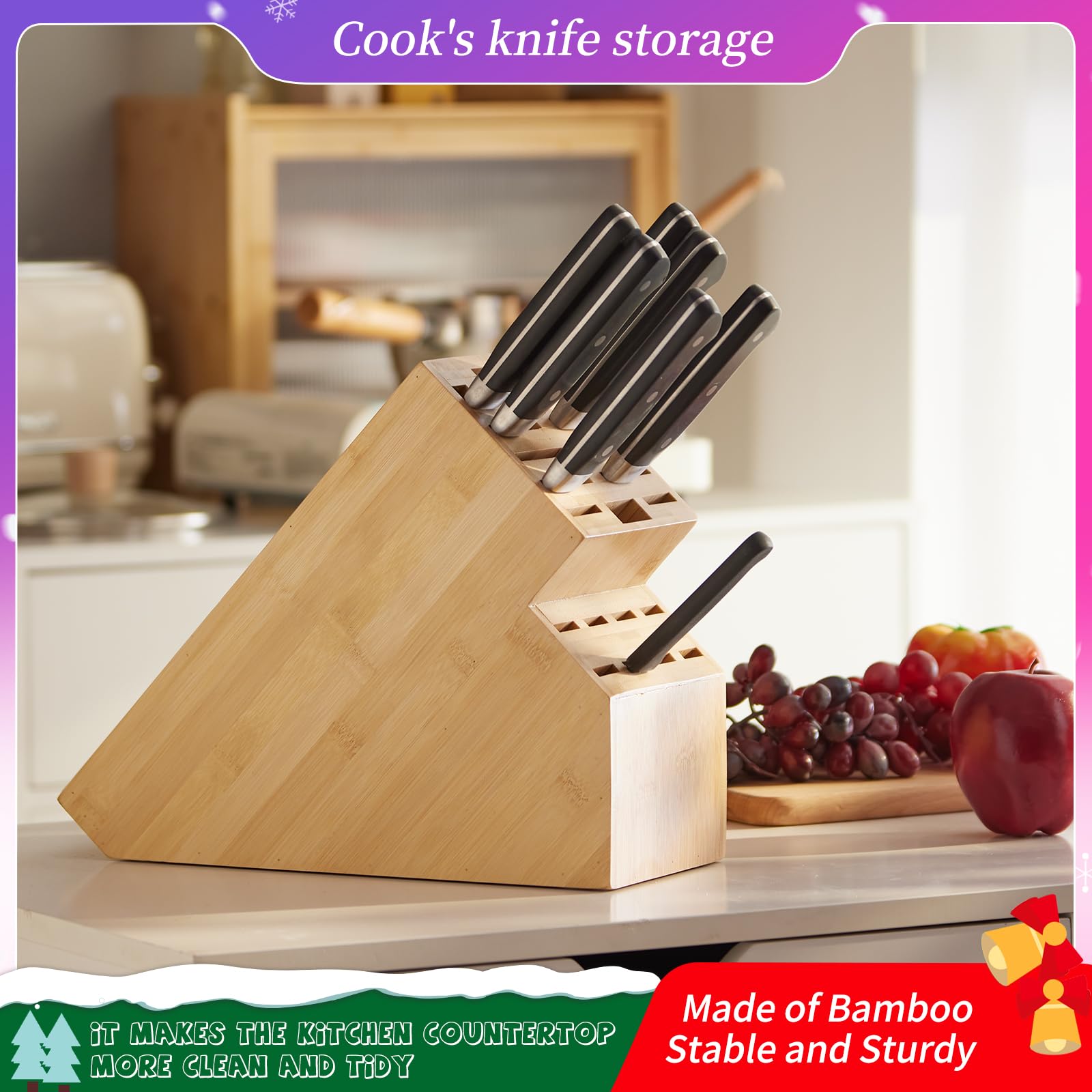 Knife Block Countertop Butcher's Knife Rack and Organizer 20 Slot Knife Holder Large Bamboo Knife Rack (Knife Not Included), Universal Knife Rack Strap (Natural)