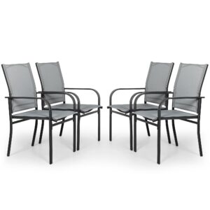 crownland outdoor wrought iron dining chairs set of 4, patio textilene dining chair with high backrest, metal frame furniture chairs with armrests for yard, deck, backyard, lawn, poolside (grey)