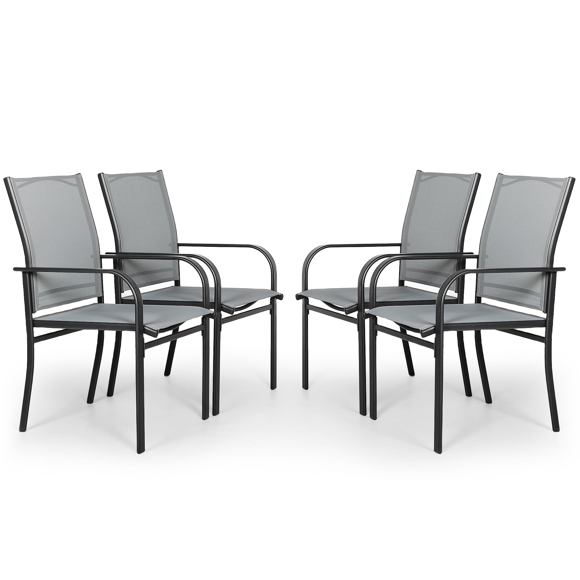 Crownland Outdoor Wrought Iron Dining Chairs Set of 4, Patio Textilene Dining Chair with High Backrest, Metal Frame Furniture Chairs with Armrests for Yard, Deck, Backyard, Lawn, Poolside (Grey)