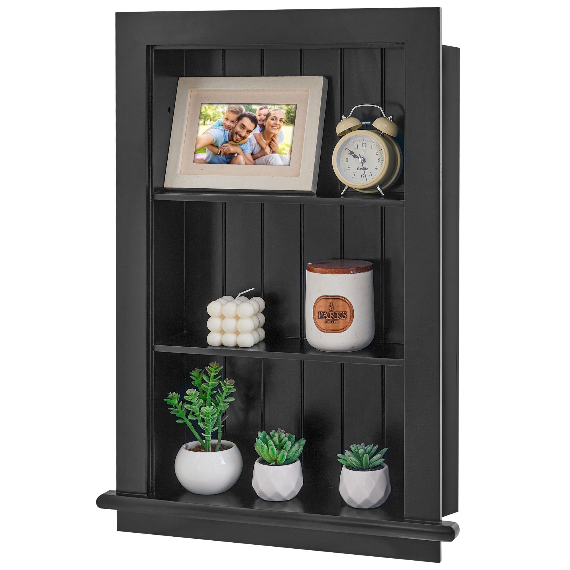 Recessed Medicine Cabinet, Wall Niche, In Shelves, Shelf Insert, 14"W x 24"H ID, 17"W x 27"H OD, 3 Tier, Black, Wood, Shallow Drywall Cabinets, Between Studs Shelving, Open Bathroom Cubby | Houseables