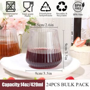 tchrules 24 Pack Plastic Ribbed Wine Glasses, 14oz Stemless Disposable Wine Cups, Clear Unbreakable Outdoor Cocktail Glasses, Heavy Duty Reusable Plastic Drinking Cups for Party Wedding Mimosa Bar