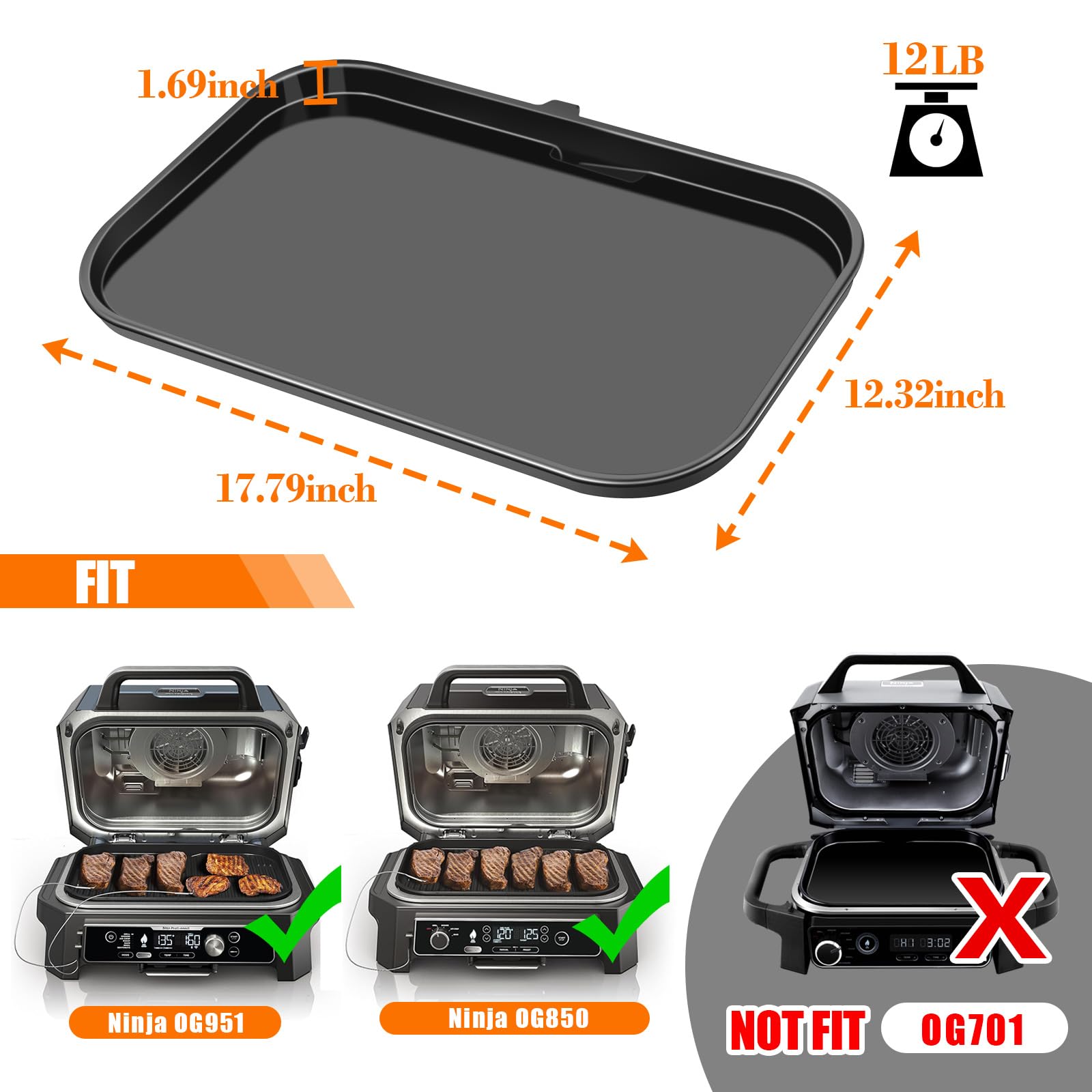 GRILL FORCE Cast Iron Griddle Plate for Ninja Woodfire Pro XL, OG800 and OG900 Series, Outdoor Flat Top Griddle Plate,Griddle Pan with Oil Hole, Ceramic Coating, Insert, Black