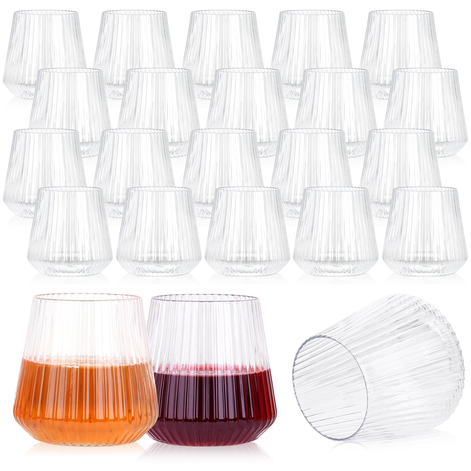 tchrules 24 Pack Plastic Ribbed Wine Glasses, 14oz Stemless Disposable Wine Cups, Clear Unbreakable Outdoor Cocktail Glasses, Heavy Duty Reusable Plastic Drinking Cups for Party Wedding Mimosa Bar