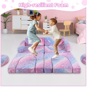 13 PCS Kids Play Couch, Modular Kids Play Couch Set,Glowing Toddler Couch, Kid Play Couch Sofa for Playroom and Bedroom (Rainbow)