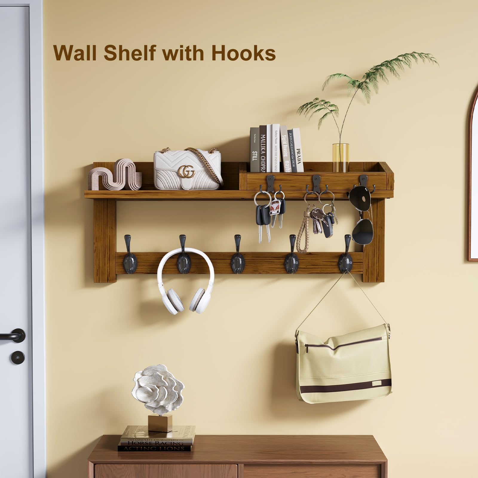 Coat Rack Wall Mount with Shelf, Wall Mounted Coat Rack with Shelf, 24 in Coat Hanger Wall Mount, Wooden Hanging Entryway Shelf with Hooks for Backpack, Bag, Purse, Large Key and Mail Holder for Wall