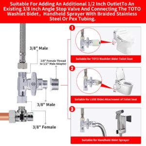 Tee Stop Valve 3/8 X 3/8 X 3/8 Or 1/2 Inch bidet T Connector Valve Adapter Tee Connector Adapter For Connector TOTO Washlet Bidet,Handheld Bidet Sprayer,Toilet Tank,Dishwasher