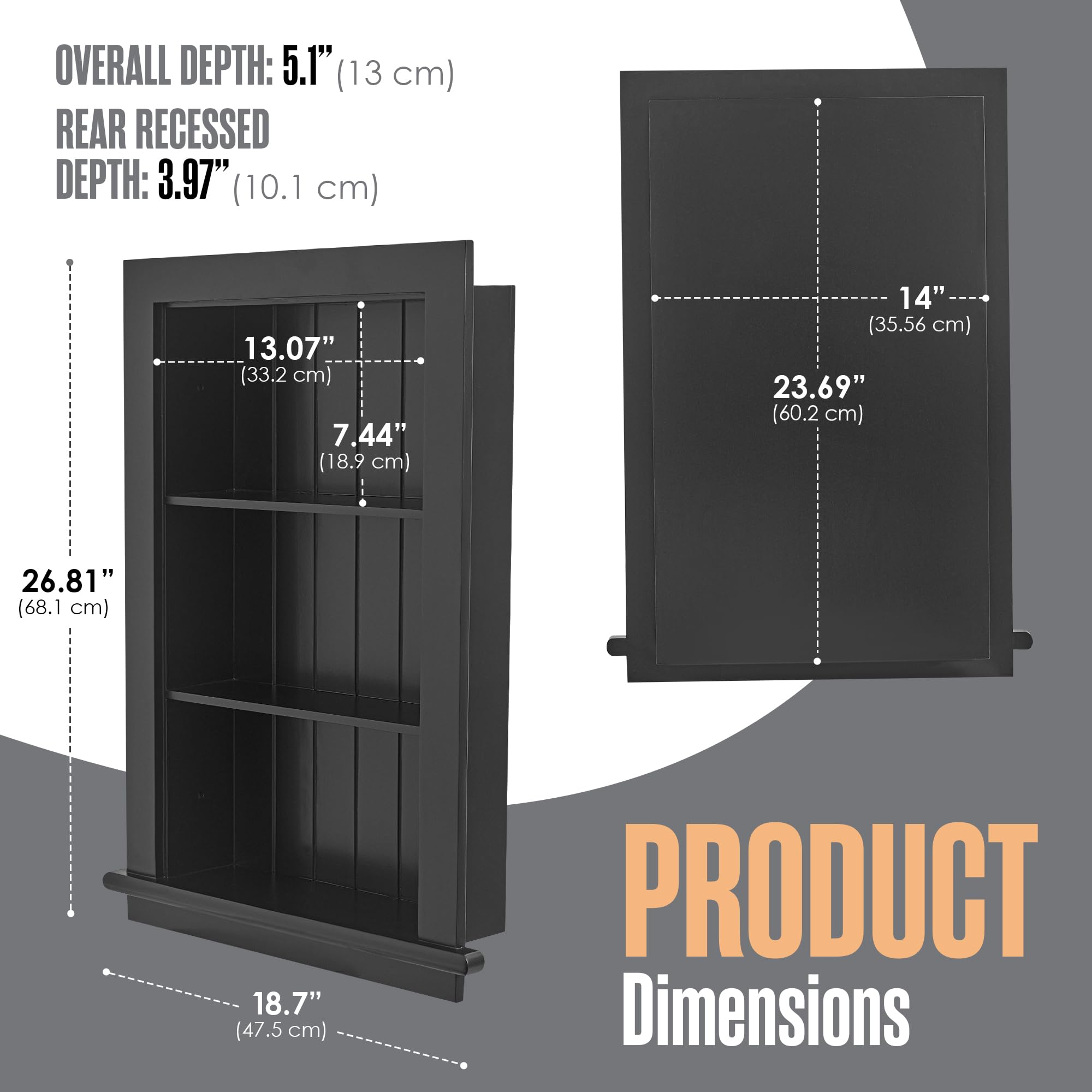 Recessed Medicine Cabinet, Wall Niche, In Shelves, Shelf Insert, 14"W x 24"H ID, 17"W x 27"H OD, 3 Tier, Black, Wood, Shallow Drywall Cabinets, Between Studs Shelving, Open Bathroom Cubby | Houseables