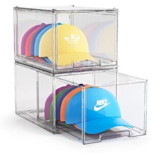 2 pack hat organizer box for baseball caps organizer, hat organizer box with sliding drawer, hat storage organizer, clear drawer stackable for hats snapback cap storage, hat display case, hat holder