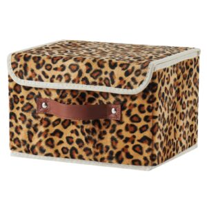 vinnegenzz storage bin with lid leopard print cute velvet fabric storage basket box faux leather handles pp plastic board foldable washable lidded closet shelf organizer container (small size)