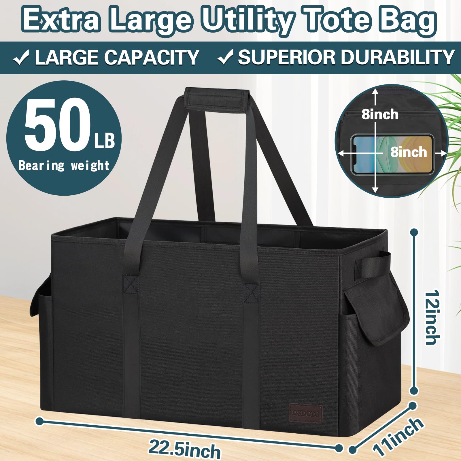 DSDCDJ Sturdy Extra Large Utility Tote Bag with 3 Pockets, Standing Utility Tote Bag with Hard Bottom Board and All Sides Rinforced, Foldable Large Tote Bag with Handles, Beach Bag, Car Tote