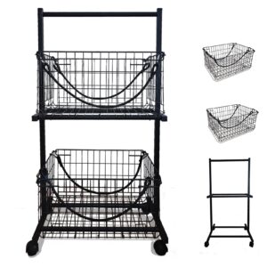 2 baskets rolling laundry basket for garments storage, easy moved with wheels have brake, laundry basket, white and black，rolling basket (black)