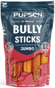 pupson 6" bully sticks for dogs, 100% natural beef pizzle chews, grass-fed, non-gmo, grain-free, long-lasting dog treats for medium & large dogs, jumbo, 12 pack