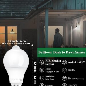 Motion Sensor Light Bulbs Outdoor, 9W (60 Watt Equivalent) 800LM, 4-Pack A19 Security LED Bulb 5000K Daylight White, E26 Motion Activated LED Bulb, for Front Door Porch Garage Basement Hallway