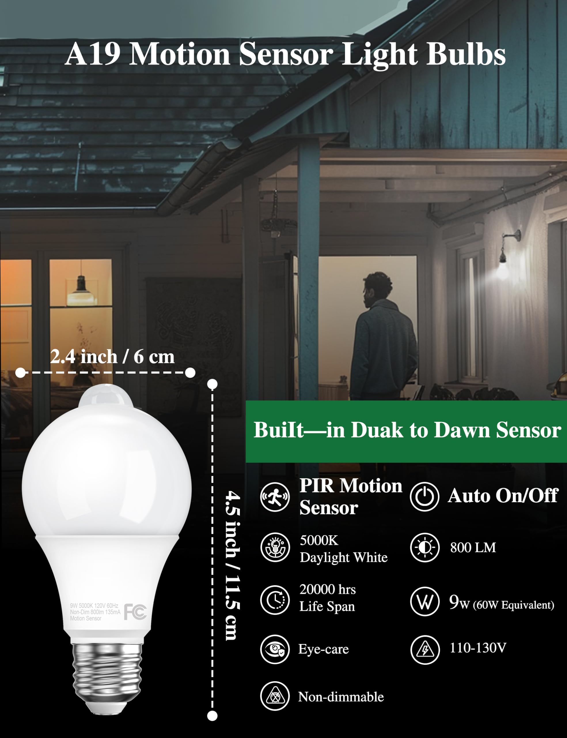 Motion Sensor Light Bulbs Outdoor, 9W (60 Watt Equivalent) 800LM, 4-Pack A19 Security LED Bulb 5000K Daylight White, E26 Motion Activated LED Bulb, for Front Door Porch Garage Basement Hallway