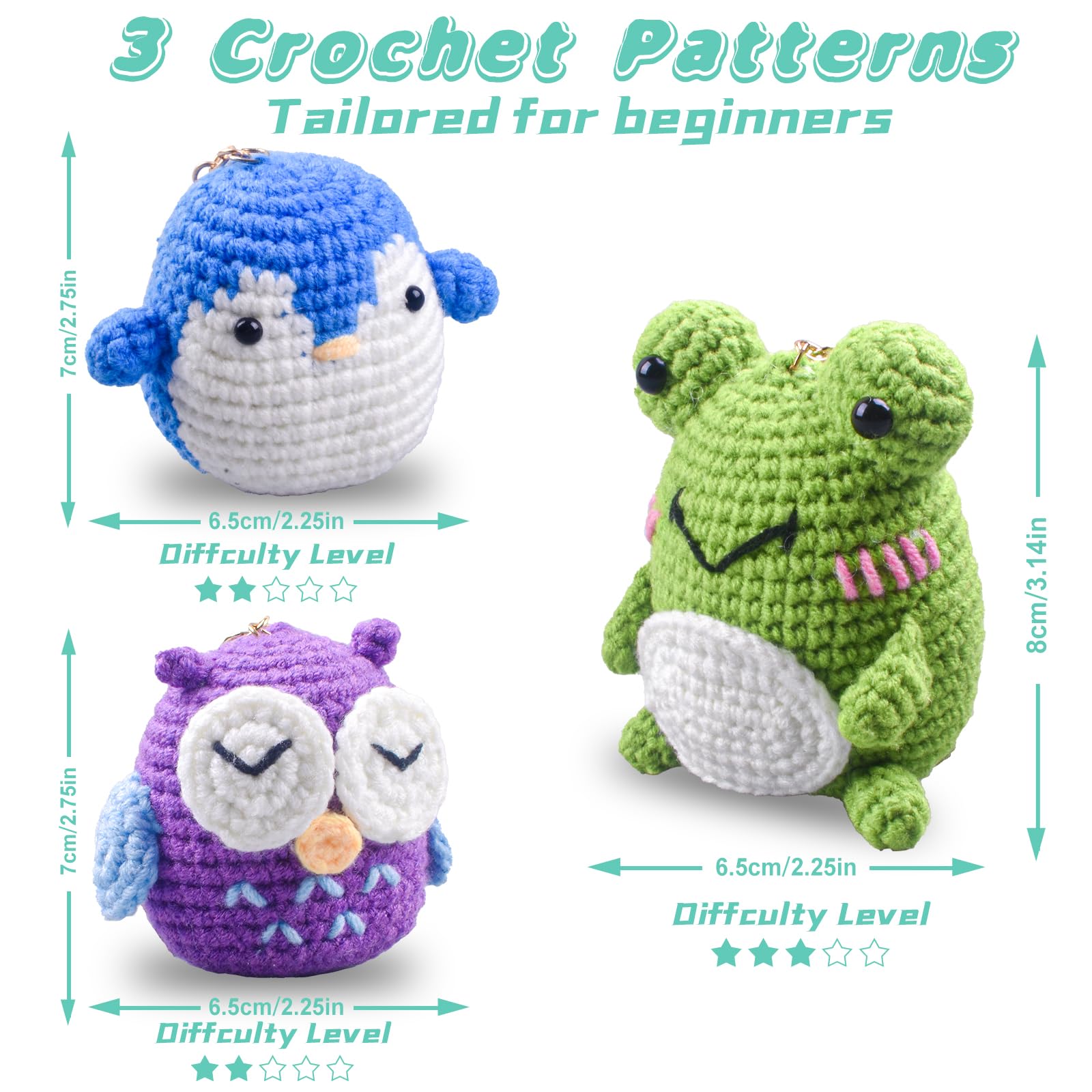 Crochet Kit for Beginners Kids Adults - Amigurumi Crocheting Animal Kits, Beginner Knitting Set DIY Art Craft, 3 Pattern Owl, Penguin, Frog, Easy to Learn Tutorials, Yarns, Hook, for Girls Age 12+