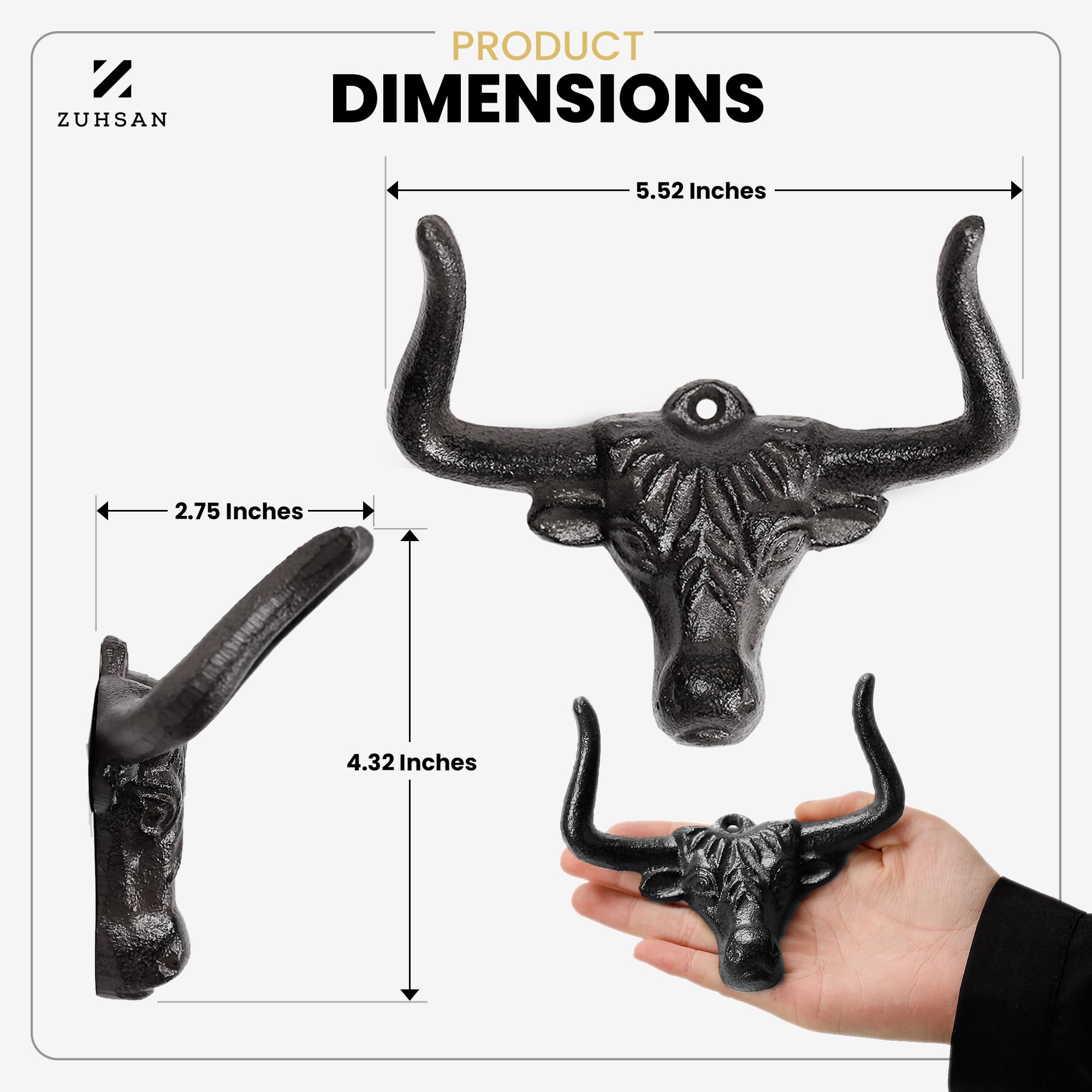 ZUHSAN Cowboy Hat Hanger for Wall, Unique and Modern Metal Cowboy Hat Rack Cast Iron Cowgirl Hat Hanger Western Longhorn Hook for Storage (Antique Rust, 4 Pack)