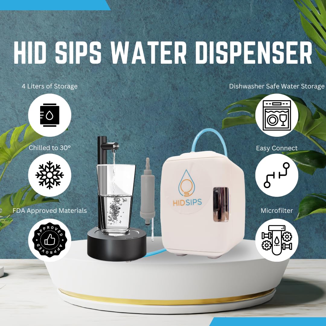 HID SIPS 4L Mini Fridge and Desktop Water Dispenser, Quick Connect attachements Beverage Cooler, 1 HID SIPS Mini Fridge, 1 Beverage Storage Container, 1 Replacable 200 Gallon Water Filter