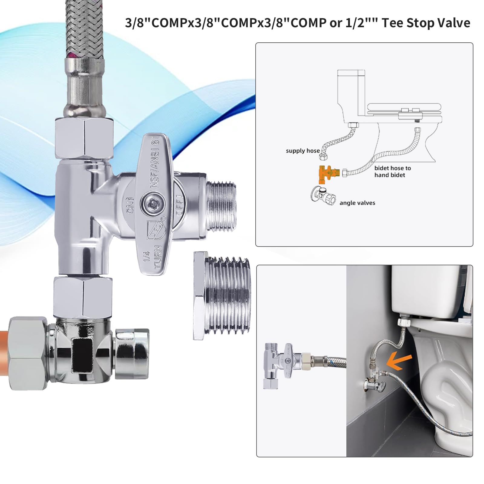 Tee Stop Valve 3/8 X 3/8 X 3/8 Or 1/2 Inch bidet T Connector Valve Adapter Tee Connector Adapter For Connector TOTO Washlet Bidet,Handheld Bidet Sprayer,Toilet Tank,Dishwasher