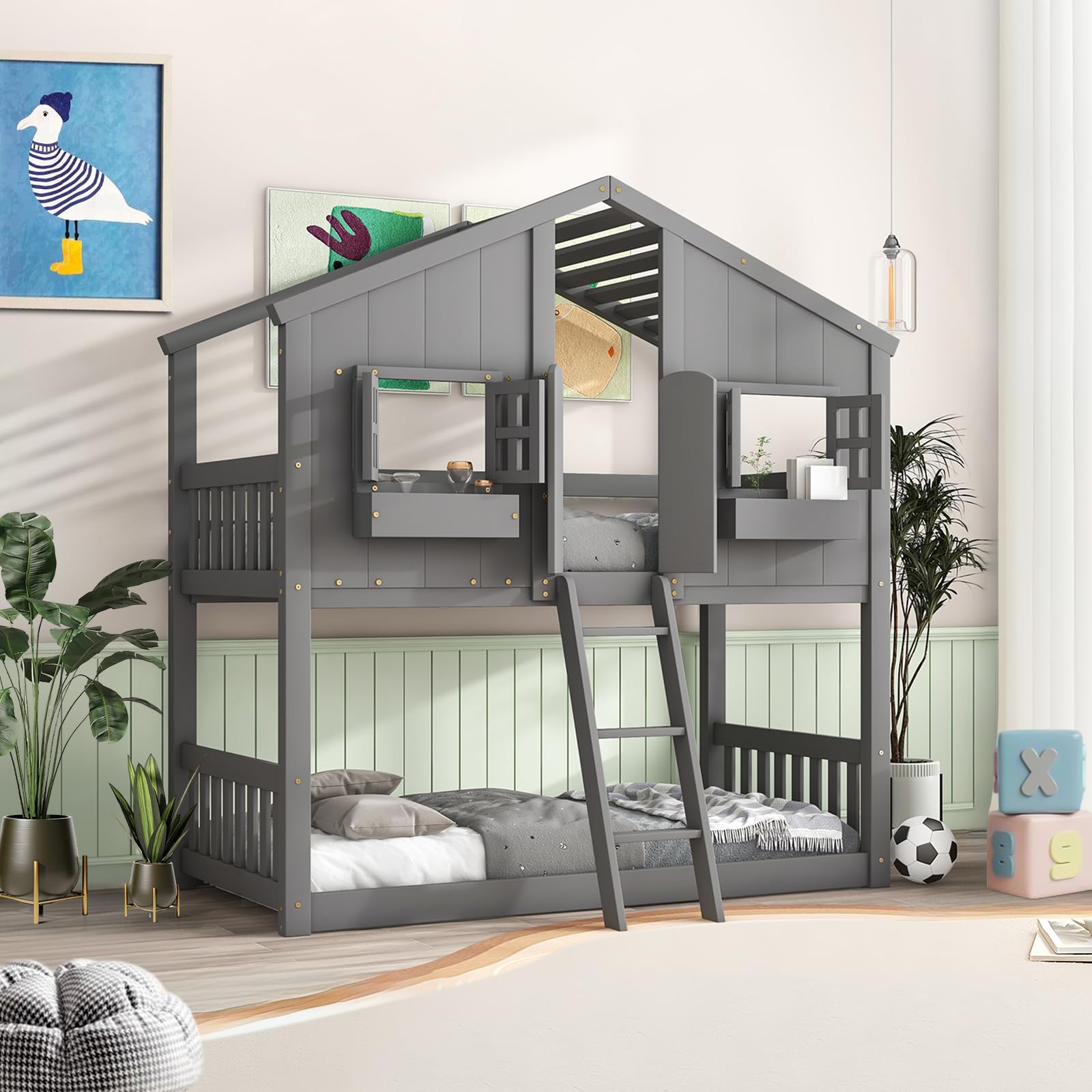 Rovibek House Bunk Beds for Kids Twin Over Twin with Stairs Wood Farmhouse with Door Windows Ladder, No Box Spring Needed, Easy Assembly, Grey