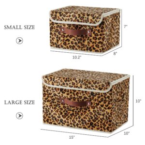 VinneGenzz Storage Bin with Lid Leopard Print Cute Velvet Fabric Storage Basket Box Faux Leather Handles PP Plastic Board Foldable Washable Lidded Closet Shelf Organizer Container (Small Size)