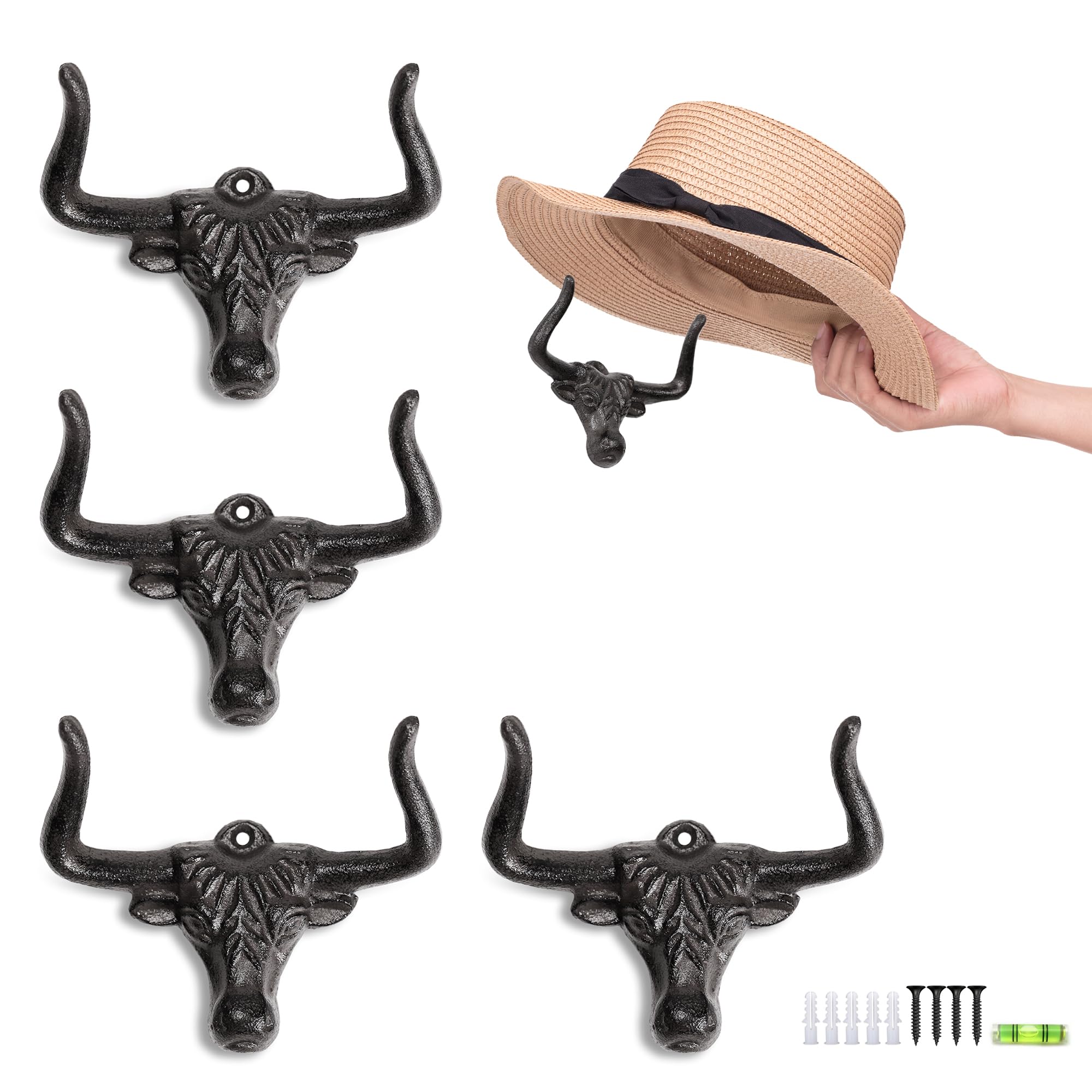 ZUHSAN Cowboy Hat Hanger for Wall, Unique and Modern Metal Cowboy Hat Rack Cast Iron Cowgirl Hat Hanger Western Longhorn Hook for Storage (Antique Rust, 4 Pack)