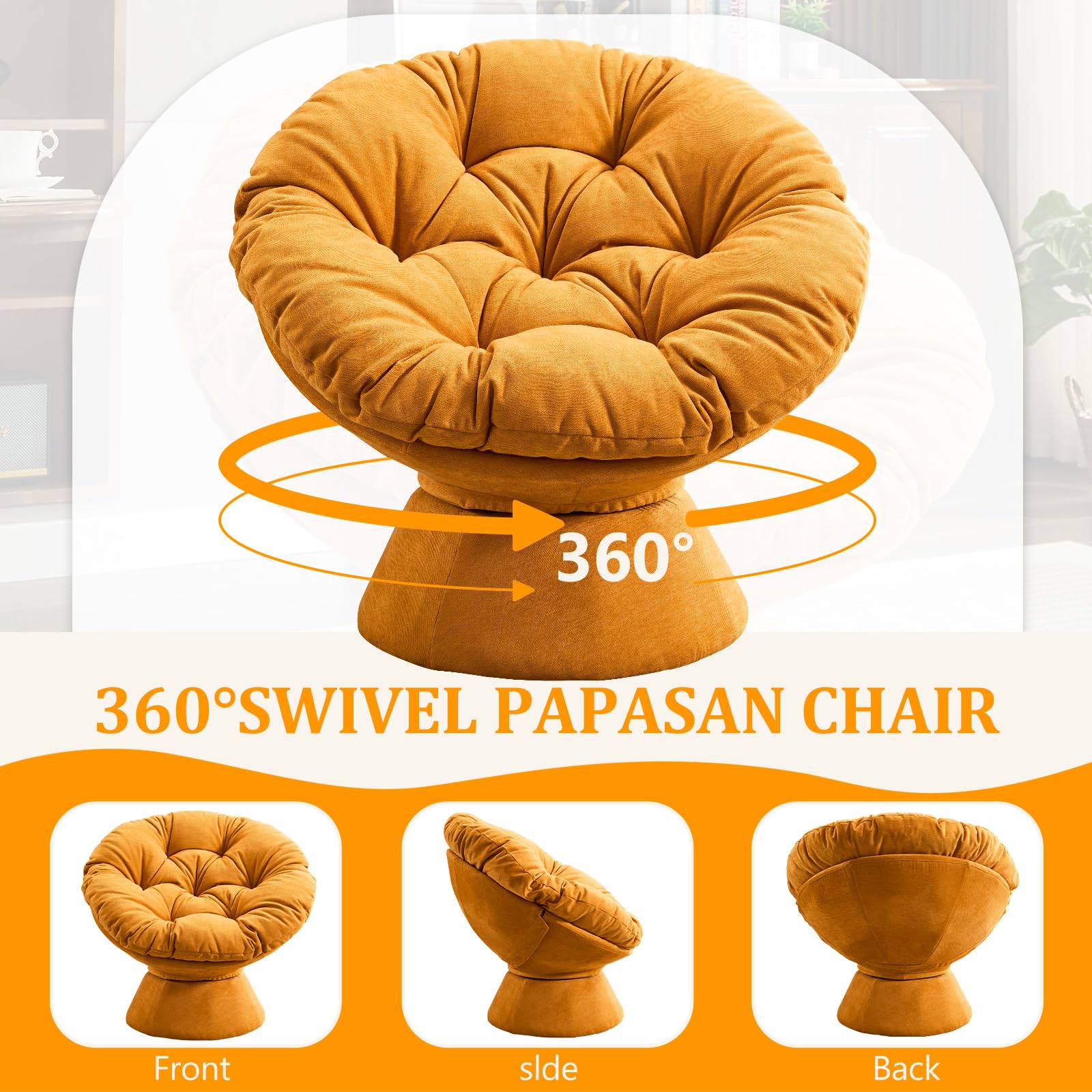 Papasan Chair,Papasan Chair with Cushion and Frame,Comfy Chenille Upholstered Round Reading Chair,Oversized 360° Swivel Accent Chair with Metal Base Lazy Chair for Bedroom,Living Room,Orange