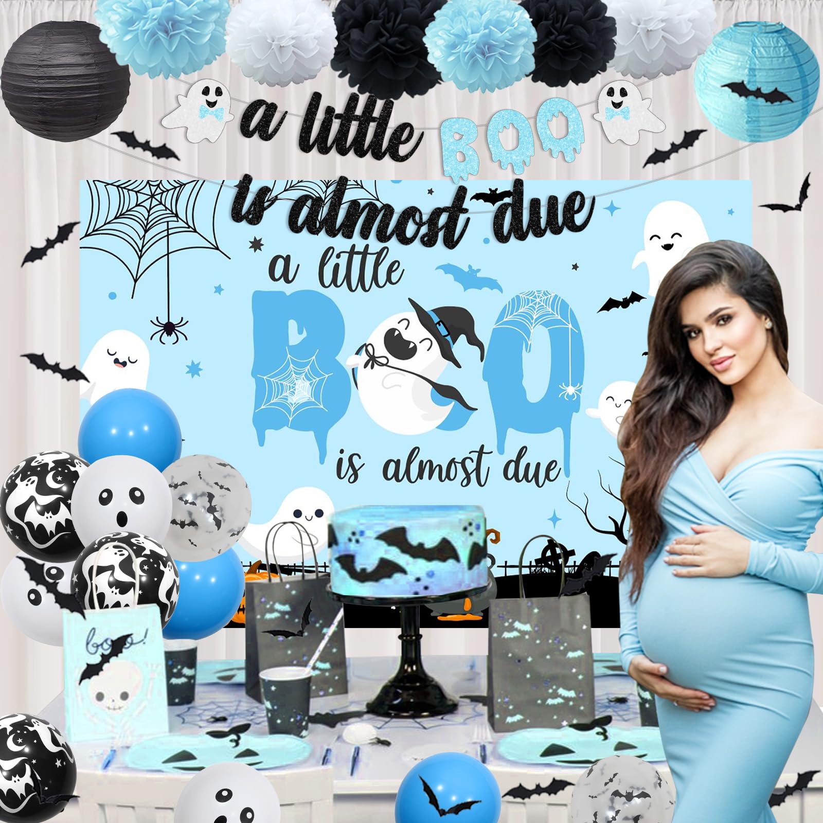 JOYMEMO Halloween Baby Shower Decorations Boy - A Little Boo is Almost Due Backdrop with Banner Blue and Black, Paper Lanterns Pom Poms, Bat Wall Stickers for Pregnancy Celebration Newborn Party