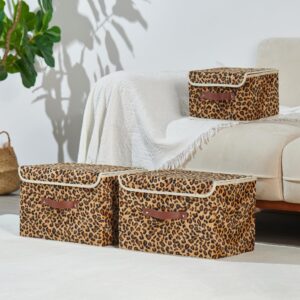 VinneGenzz Storage Bin with Lid Leopard Print Cute Velvet Fabric Storage Basket Box Faux Leather Handles PP Plastic Board Foldable Washable Lidded Closet Shelf Organizer Container (Small Size)