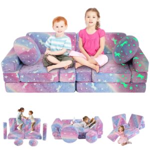 13 pcs kids play couch, modular kids play couch set,glowing toddler couch, kid play couch sofa for playroom and bedroom (rainbow)