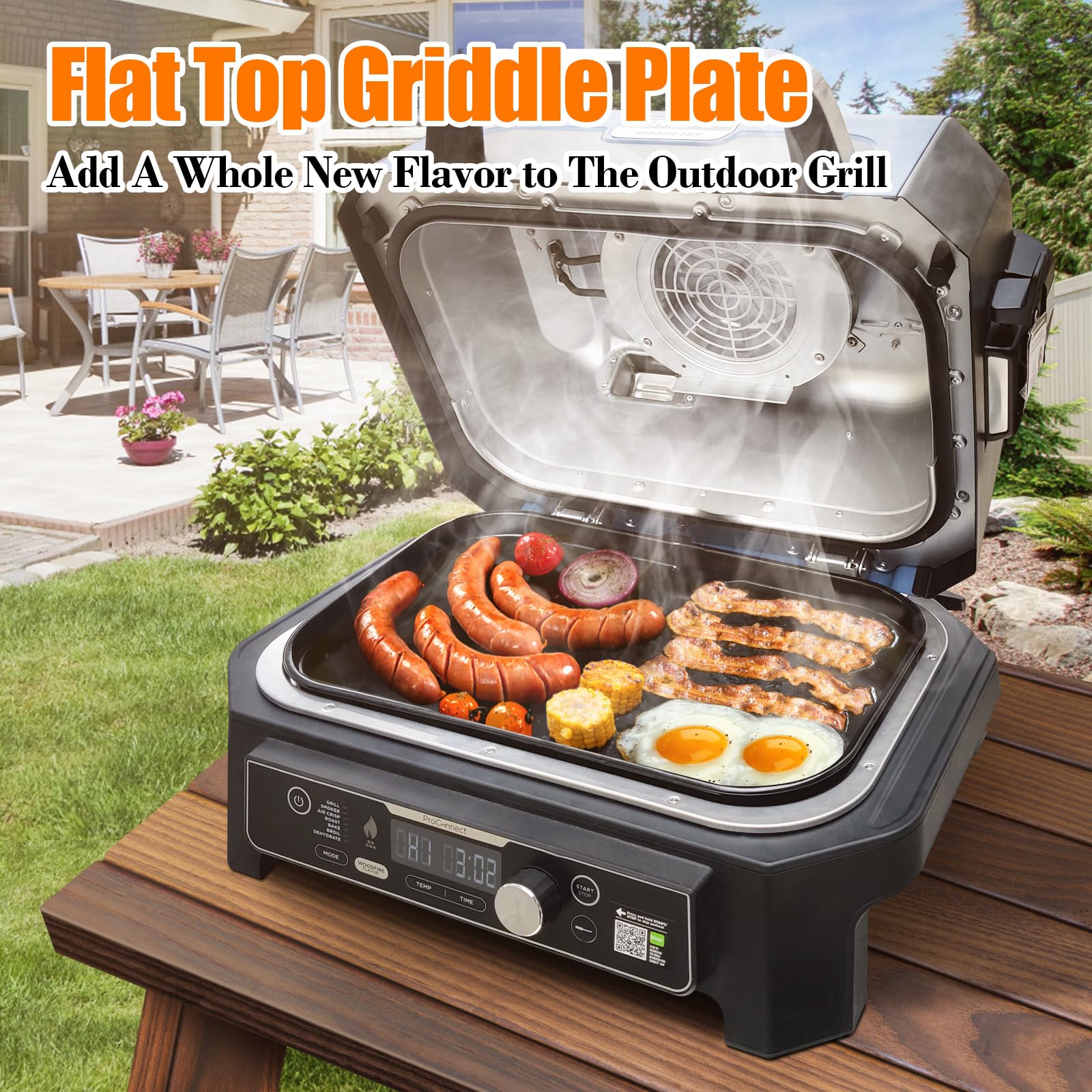 GRILL FORCE Cast Iron Griddle Plate for Ninja Woodfire Pro XL, OG800 and OG900 Series, Outdoor Flat Top Griddle Plate,Griddle Pan with Oil Hole, Ceramic Coating, Insert, Black